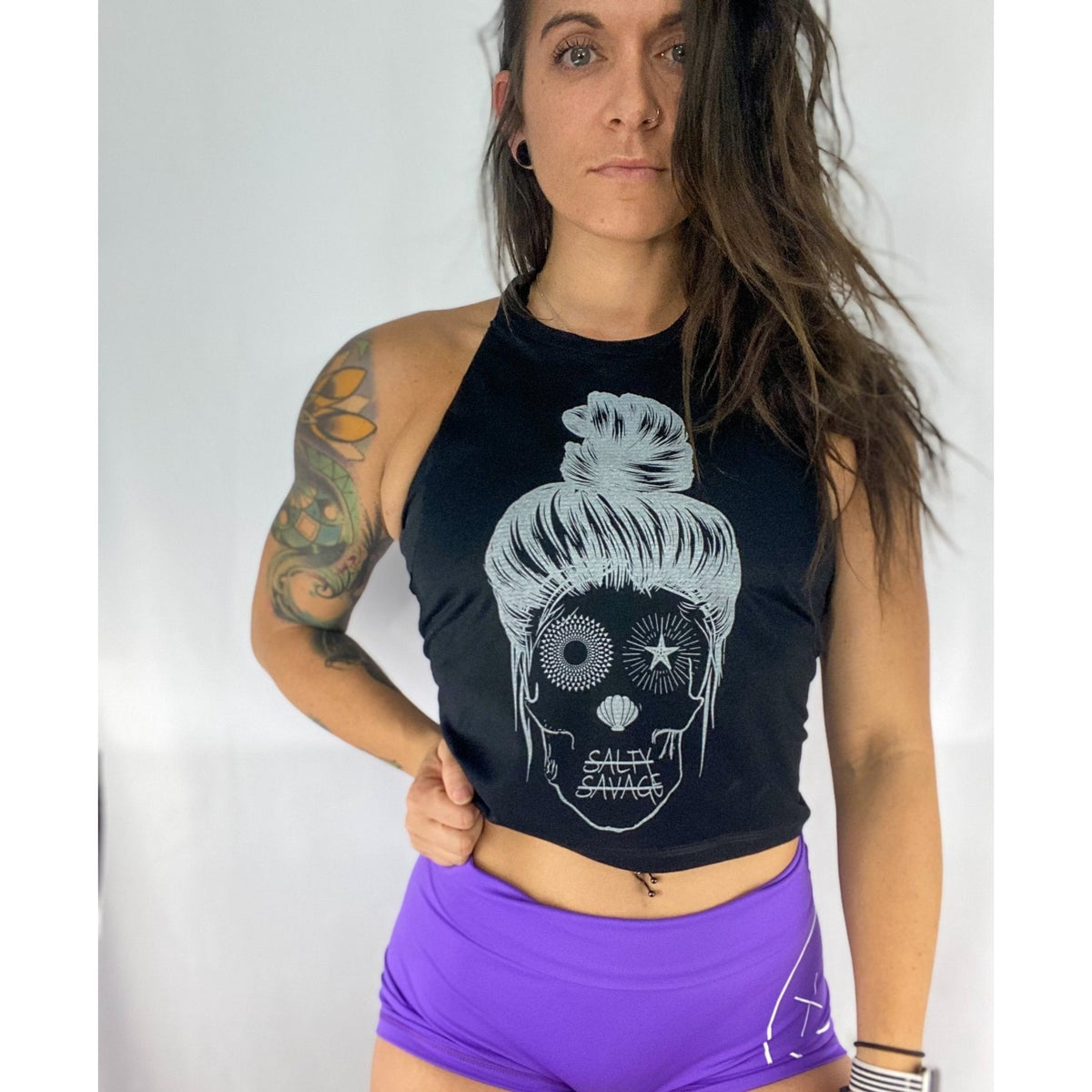 Ladies "Messy Bun Skull" Flowy Crop Tank – Salty Savage